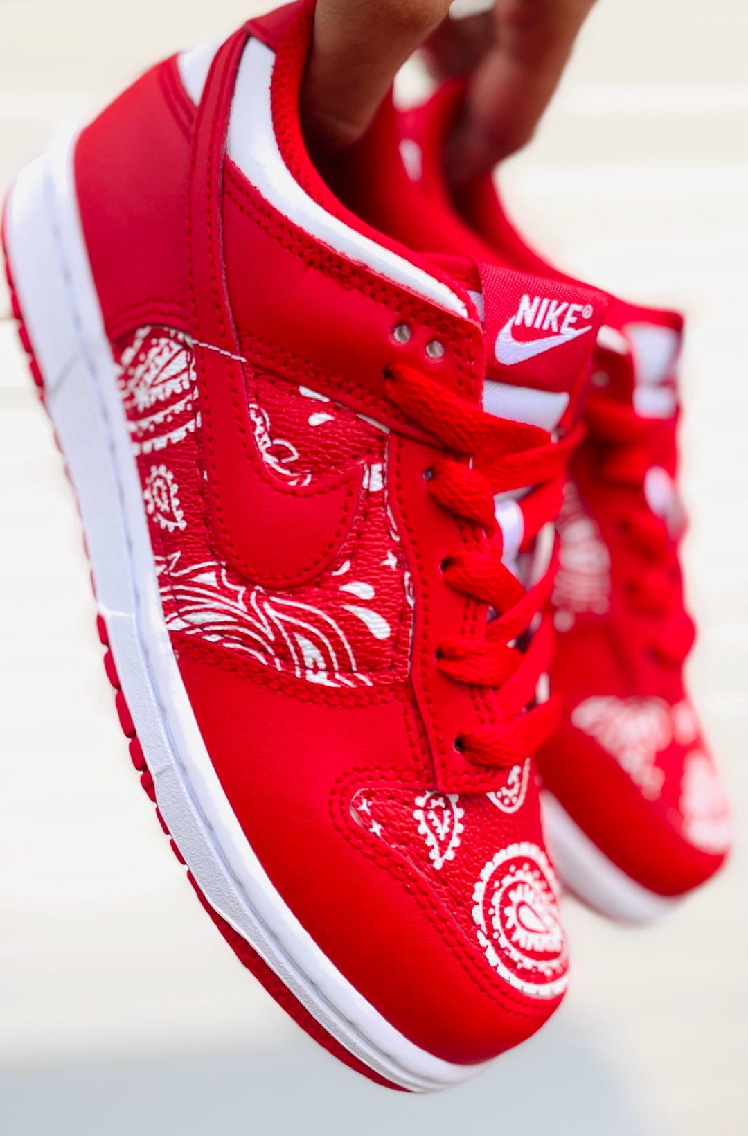 Custom Nike Dunks Low Kids/adults Red Shoes Stitched With Red Bandana ...