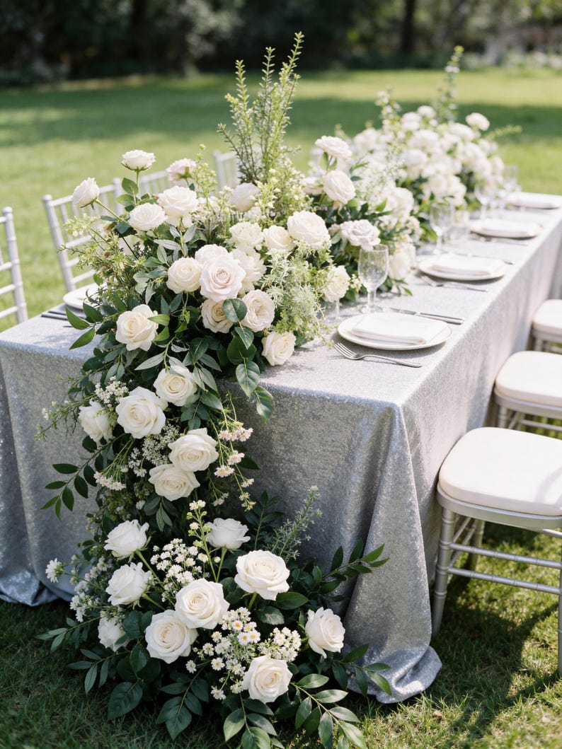 Full White Rose Flower Arrangement,table Floral Runner,wedding ...