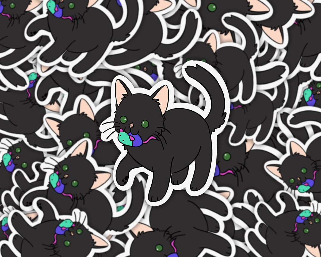 Sticker | Magnet | Black Cat With Mouse Sticker | Cat Playing With ...