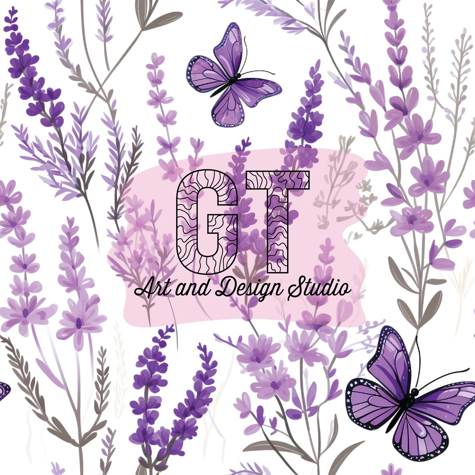 Purple Lavender Floral and Purple Butterfly, Seamless Digital Pattern ...