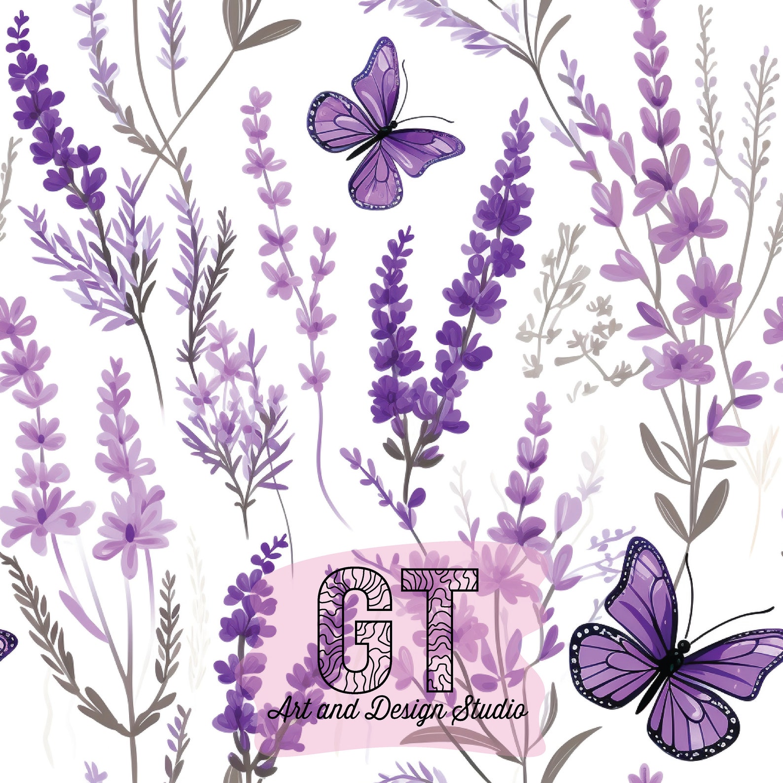 Purple Lavender Floral and Purple Butterfly, Seamless Digital Pattern ...