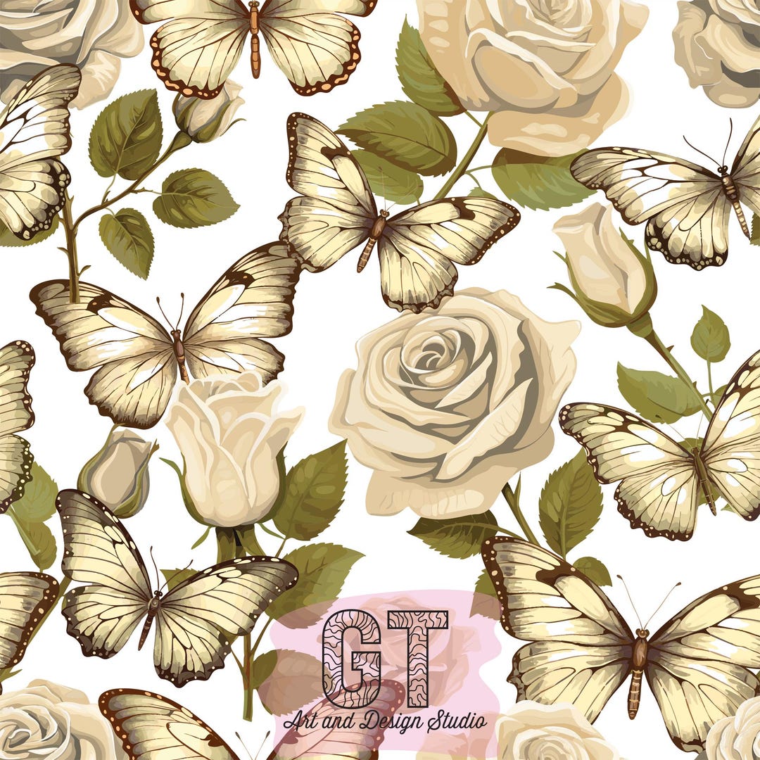 Cream Rose Butterfly Floral, Seamless Digital Pattern for Crafting and ...
