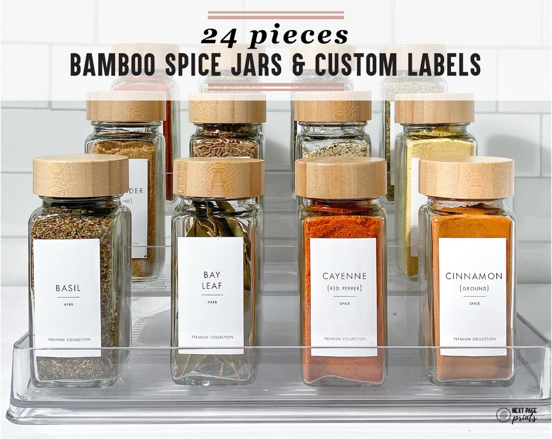 24 Piece Bamboo Glass Spice Jars WITH Customizable Labels - Modern ...
