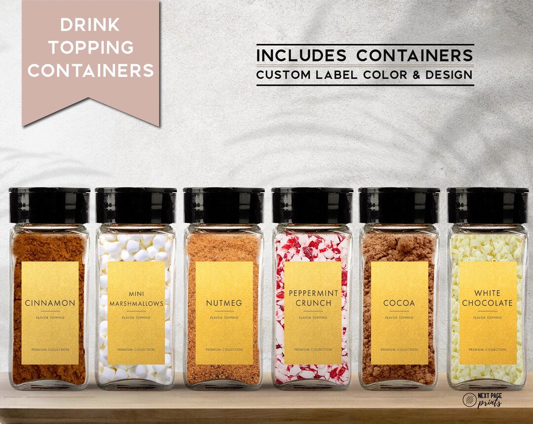 3 Pc Modern Coffee Topping Containers + Gold Labels • Coffee Sprinkle ...