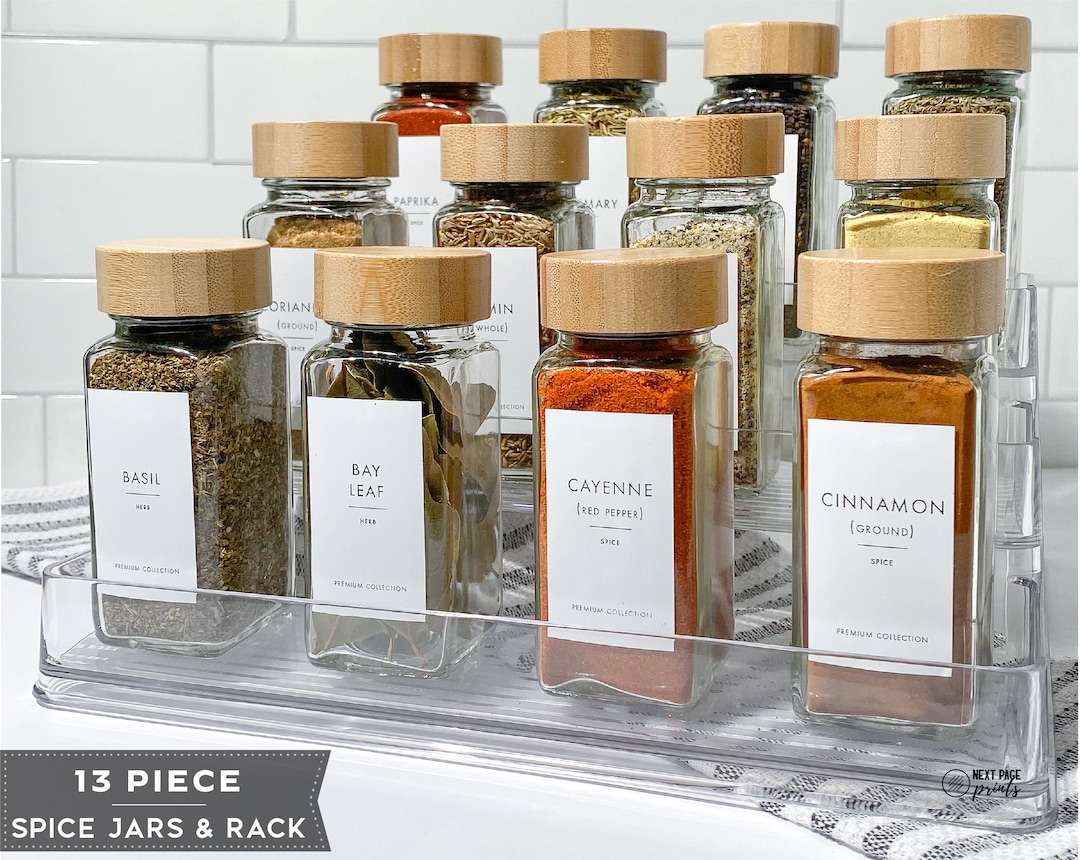 25 Pc Bamboo Glass Spice Jars WITH Rack & Customizable Labels - Modern ...