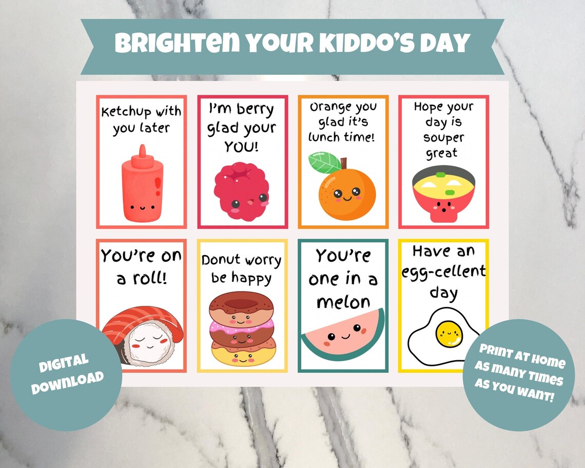 Printable Lunch Box Notes: 24 Food Pun Affirmations (digital Download ...