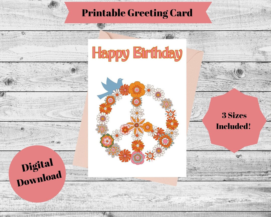 Groovy Retro Flower Peace Birthday Card, Groovy Bday Card, 70’s Peace ...