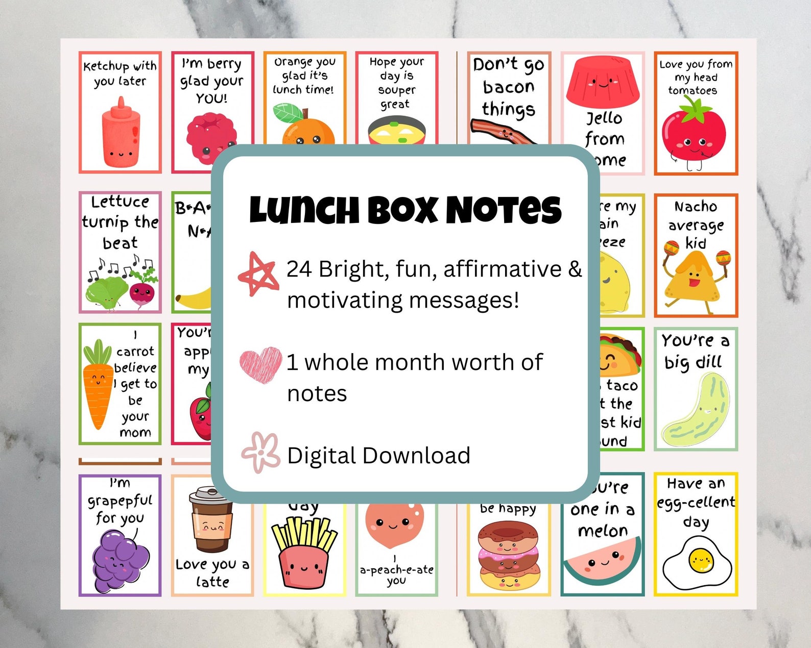 Printable Lunch Box Notes: 24 Food Pun Affirmations (digital Download ...