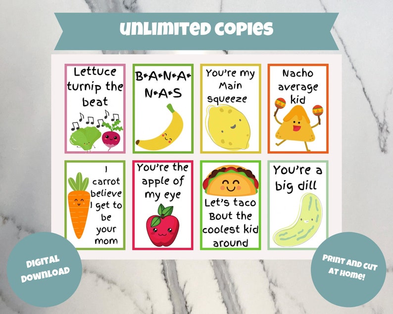 Printable Lunch Box Notes: 24 Food Pun Affirmations (digital Download ...