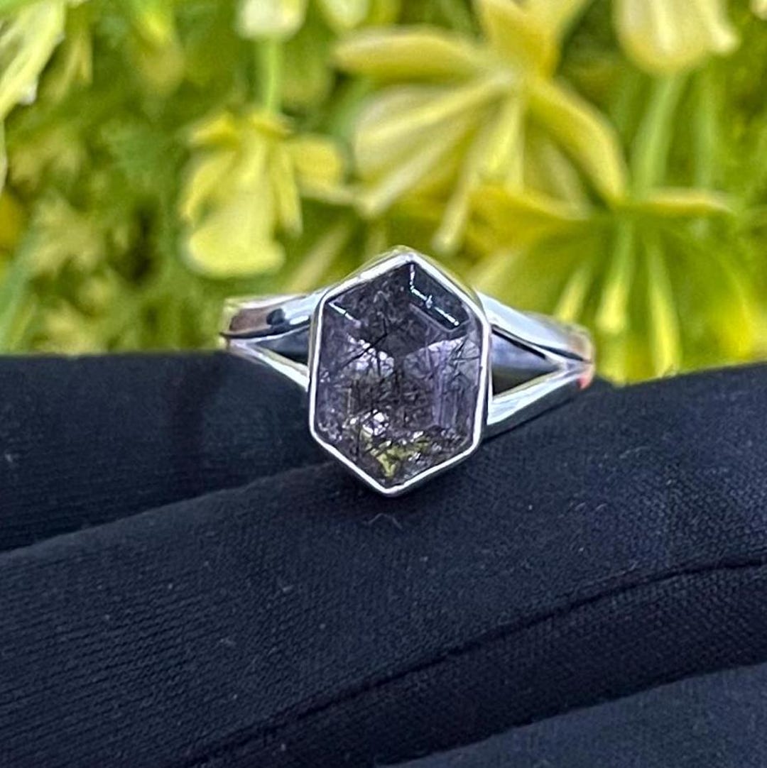 Black Rutile Hexagon Shape Ring, Rutile Gemstone Ring, 925 Silver ...