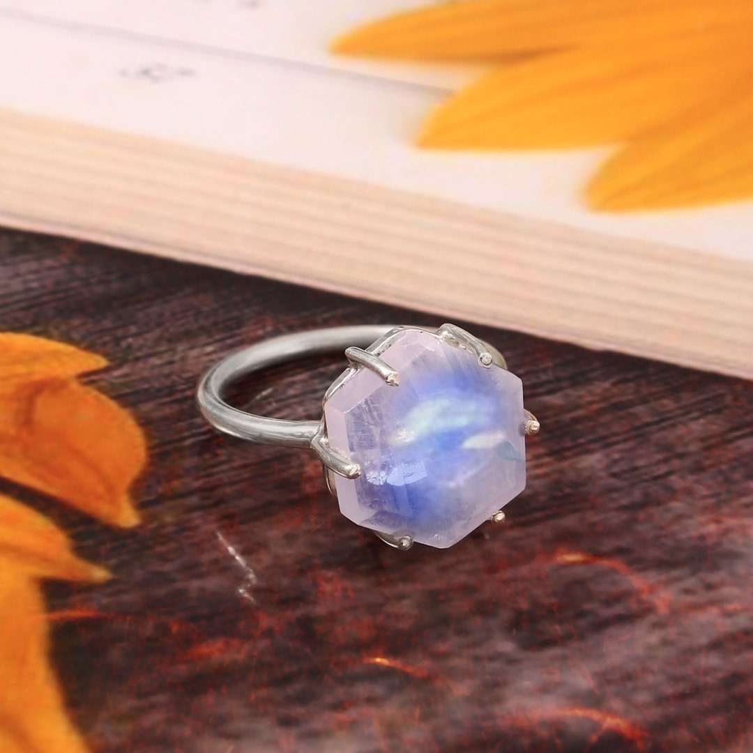 Genuine Rainbow Moonstone Ring in Sterling Silver, Blue Fire Gemstone ...