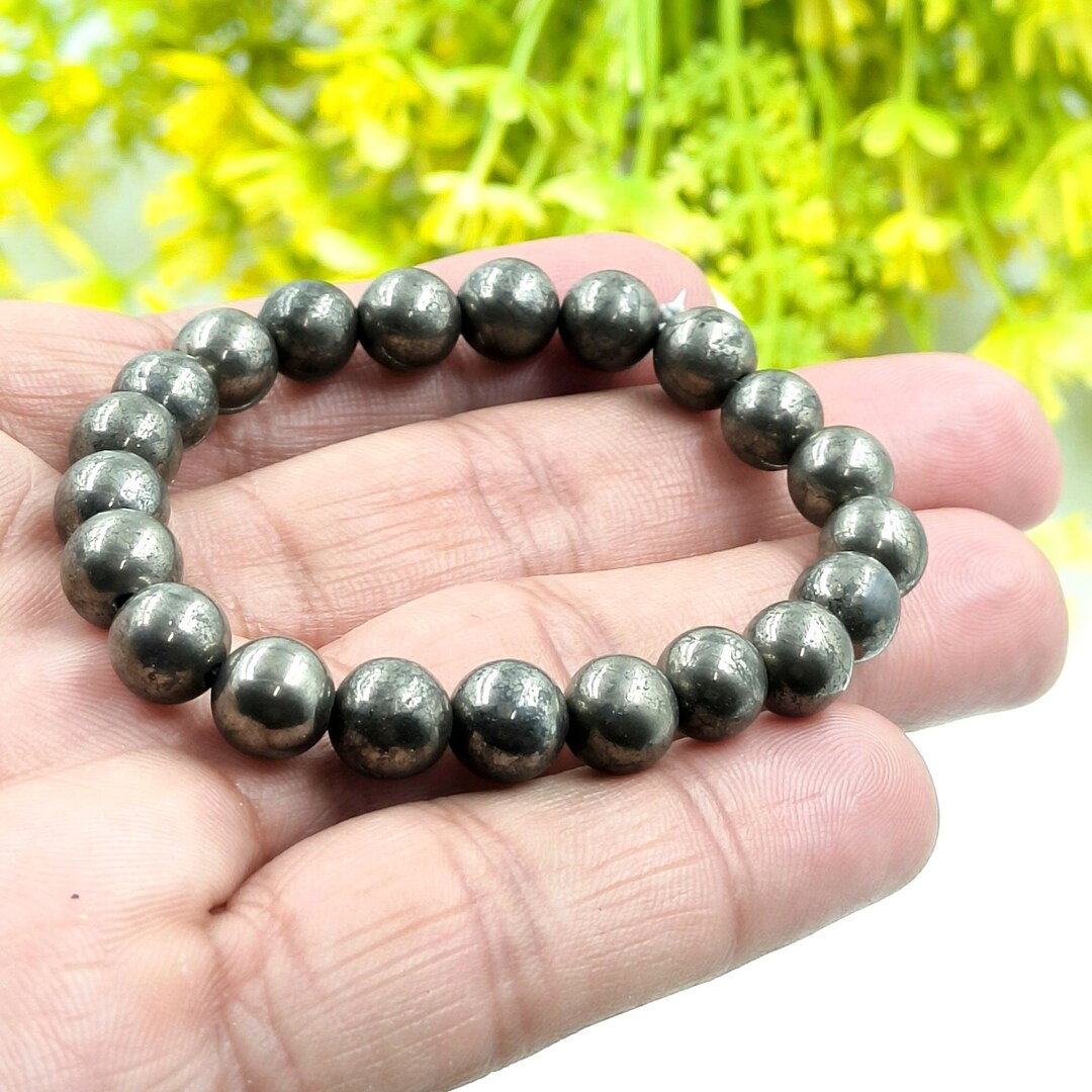 Natural Pyrite Beaded Stretch Bracelet, Round Pyrite Smooth Rondelle ...
