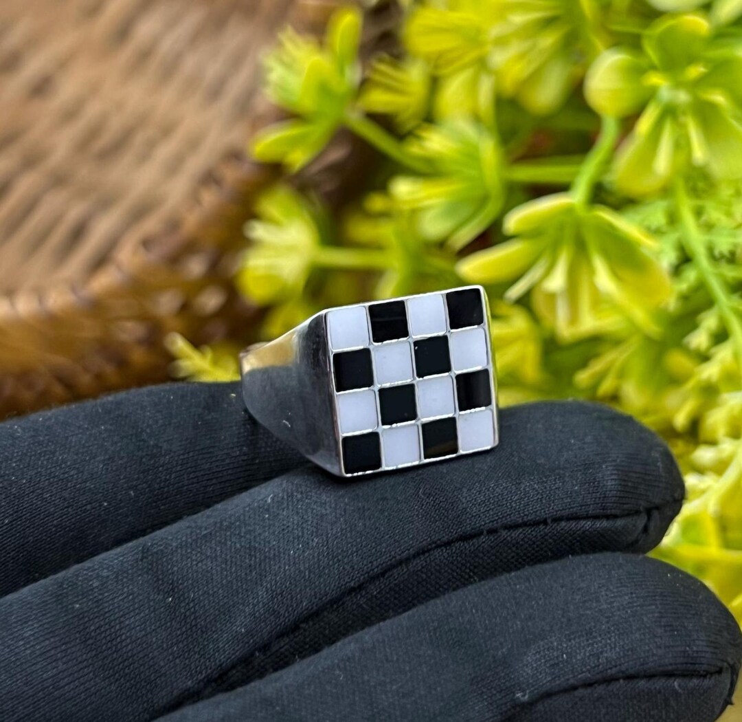 Chess Board Ring in Sterling Silver Black & White Enamel Ring Silver or ...