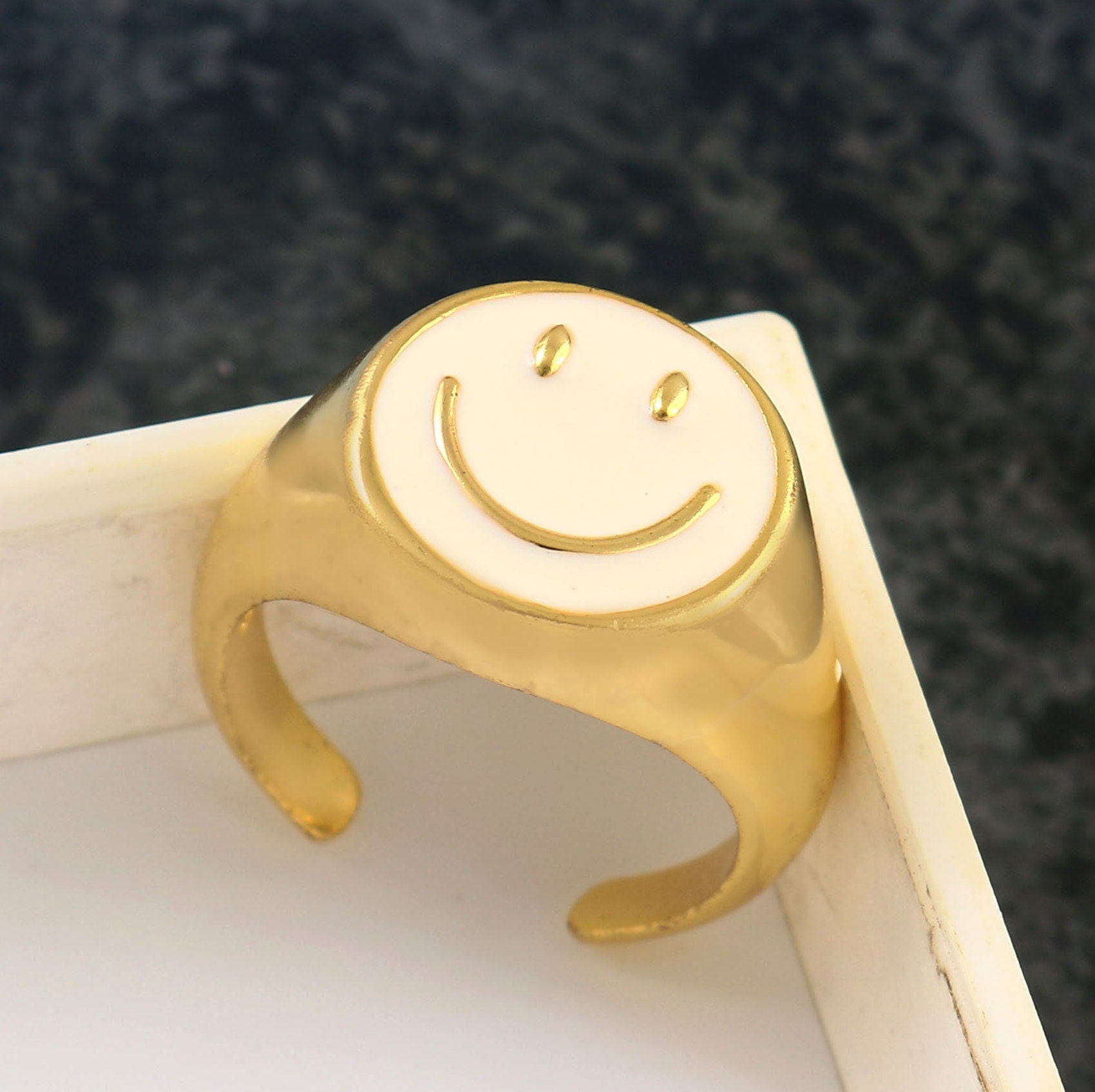Enamel Smiley Face Ring: Adjustable Sterling Silver Fun Jewelry - Etsy