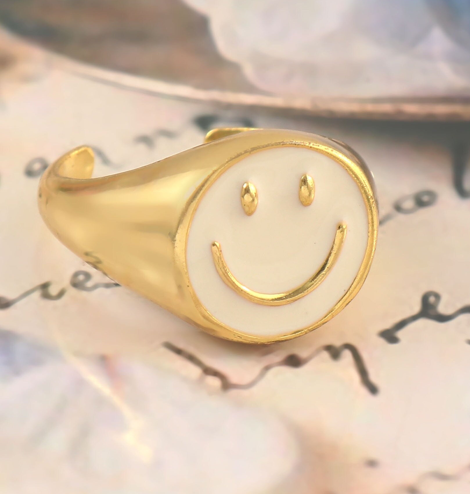 Enamel Smiley Face Ring: Adjustable Sterling Silver Fun Jewelry - Etsy