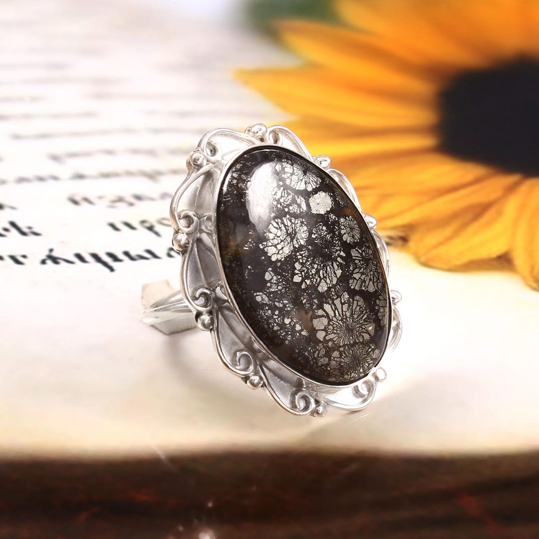 Snowflake Obsidian Sterling Silver Ring Black Gemstone Ring Snowflake ...