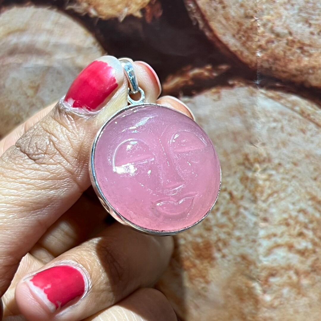 Pink Quartz Moon Face Pendant, Pink Quartz Moon Pendant, Sterling ...