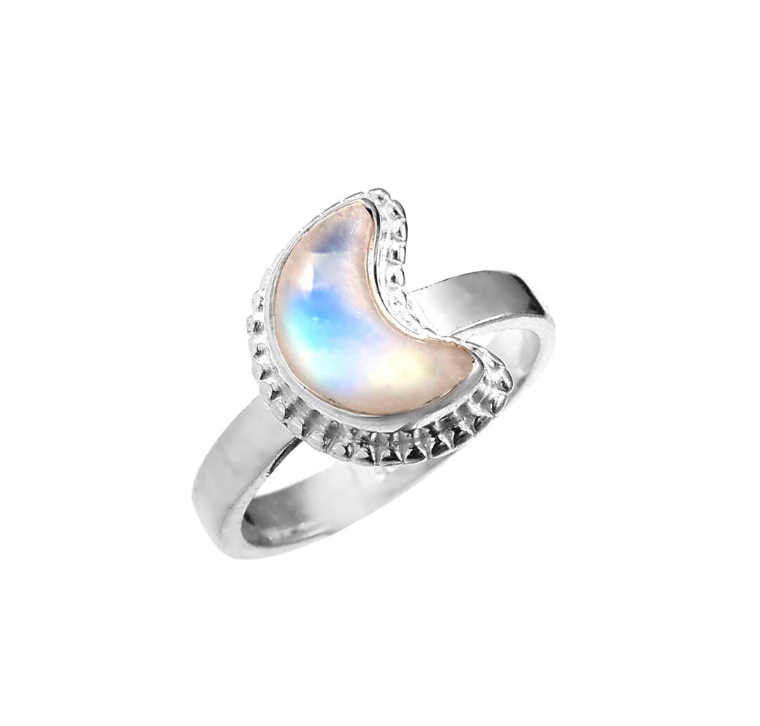 Rainbow Moonstone Half Moon Shape Gems Ring, Solid 925 Ring, Light ...