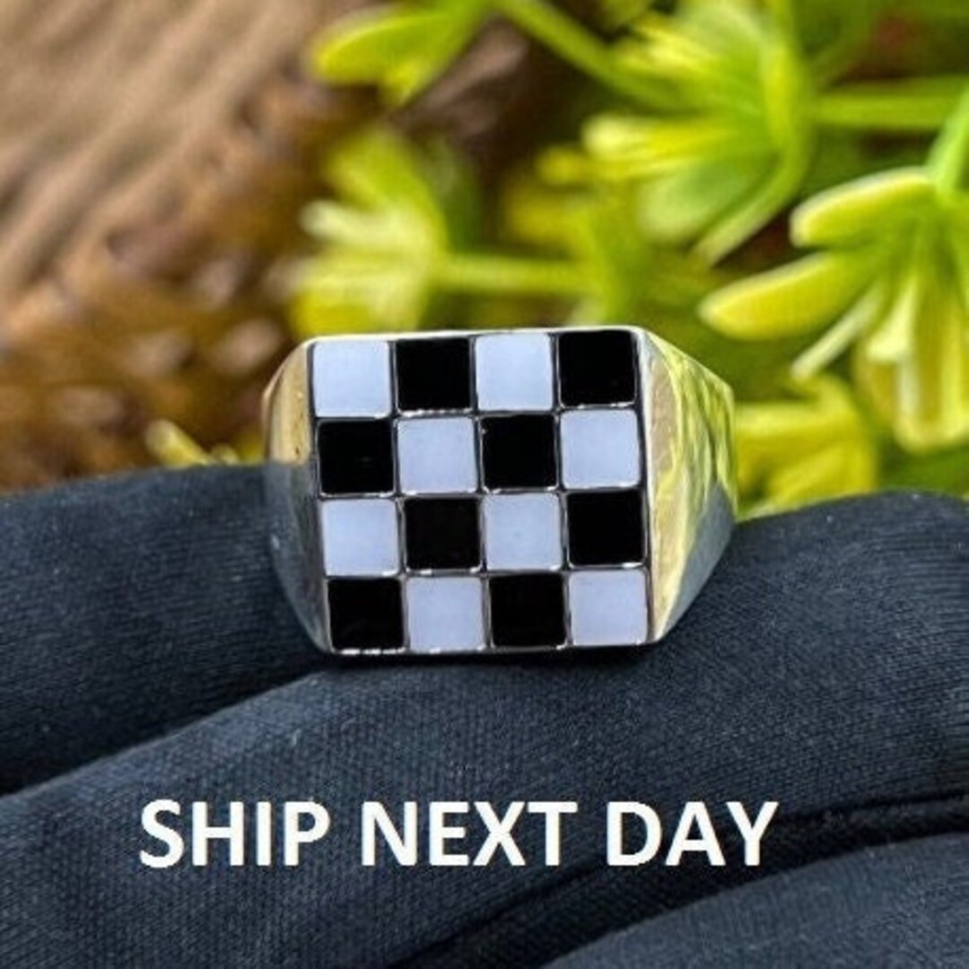 White & Black Chess Board Ring, 925 Sterling Silver Adjustable Ring ...