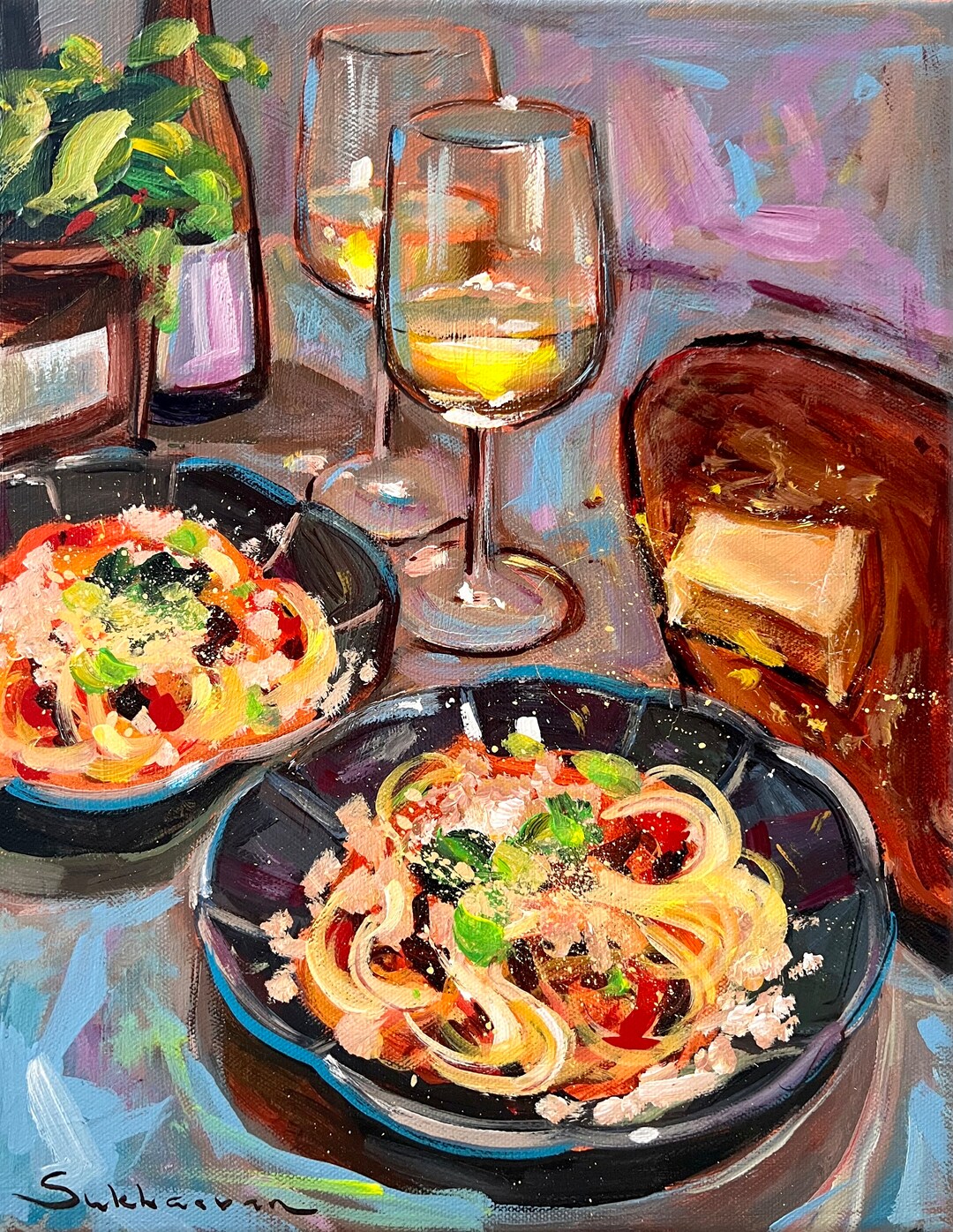 Still Life With Spaghetti and White Wine. Original Acrylic Painting on ...