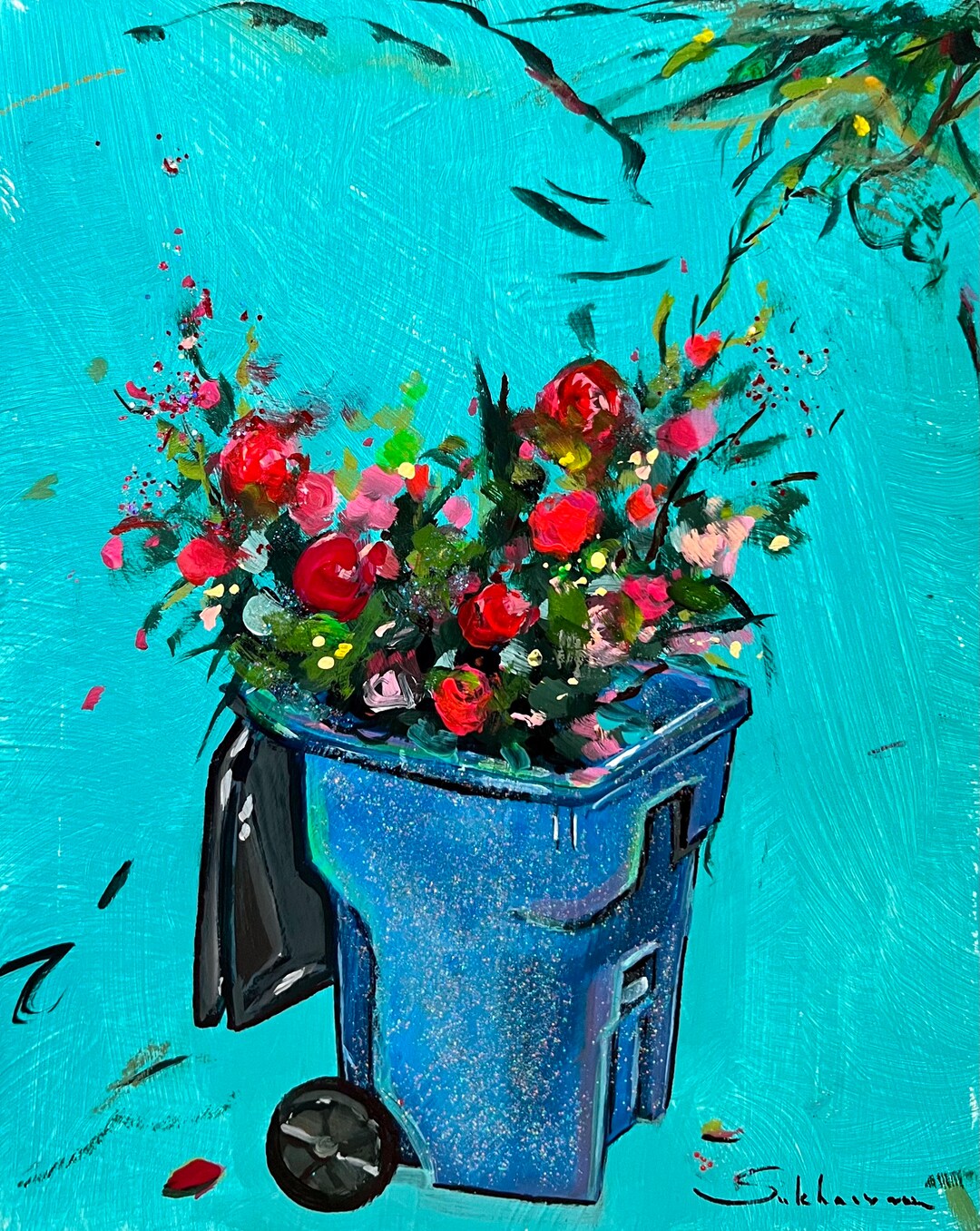Roses in a Trash Bin. Original Acrylic and Glitter Painting Wood Panel ...