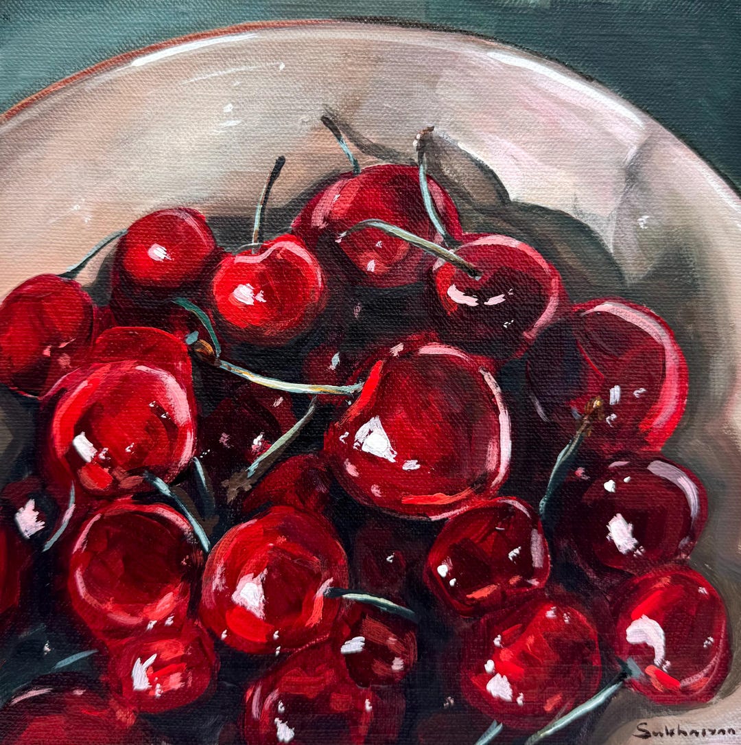 Still Life With Cherries Original Acrylic Painting on Canvas Panel 8x8 ...