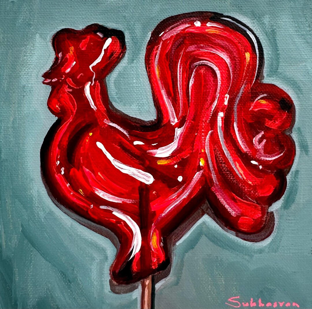 Red Rooster Lollipop: Original Acrylic Still Life Painting (6x6 Inches ...
