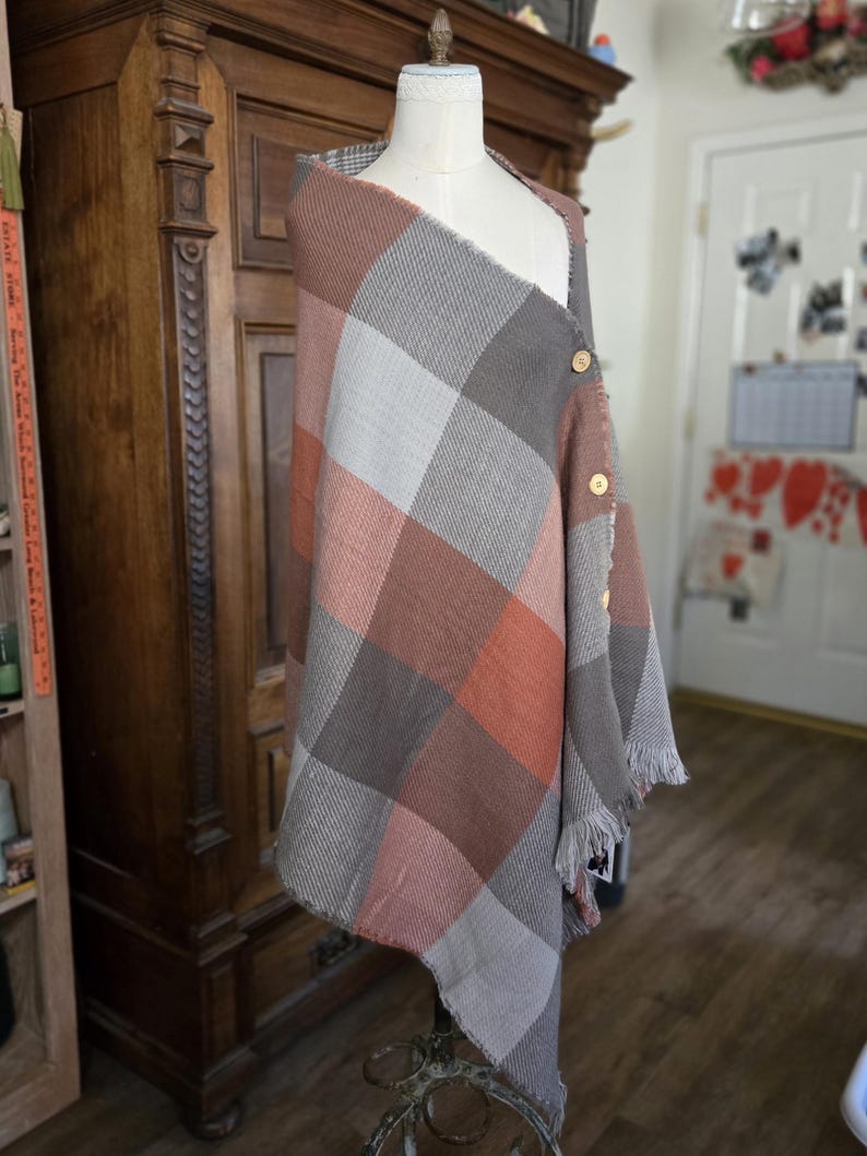 Vintage Woven REVERSIBLE SHAWL With BUTTONS, Cover, Wrap, Poncho, Scarf ...