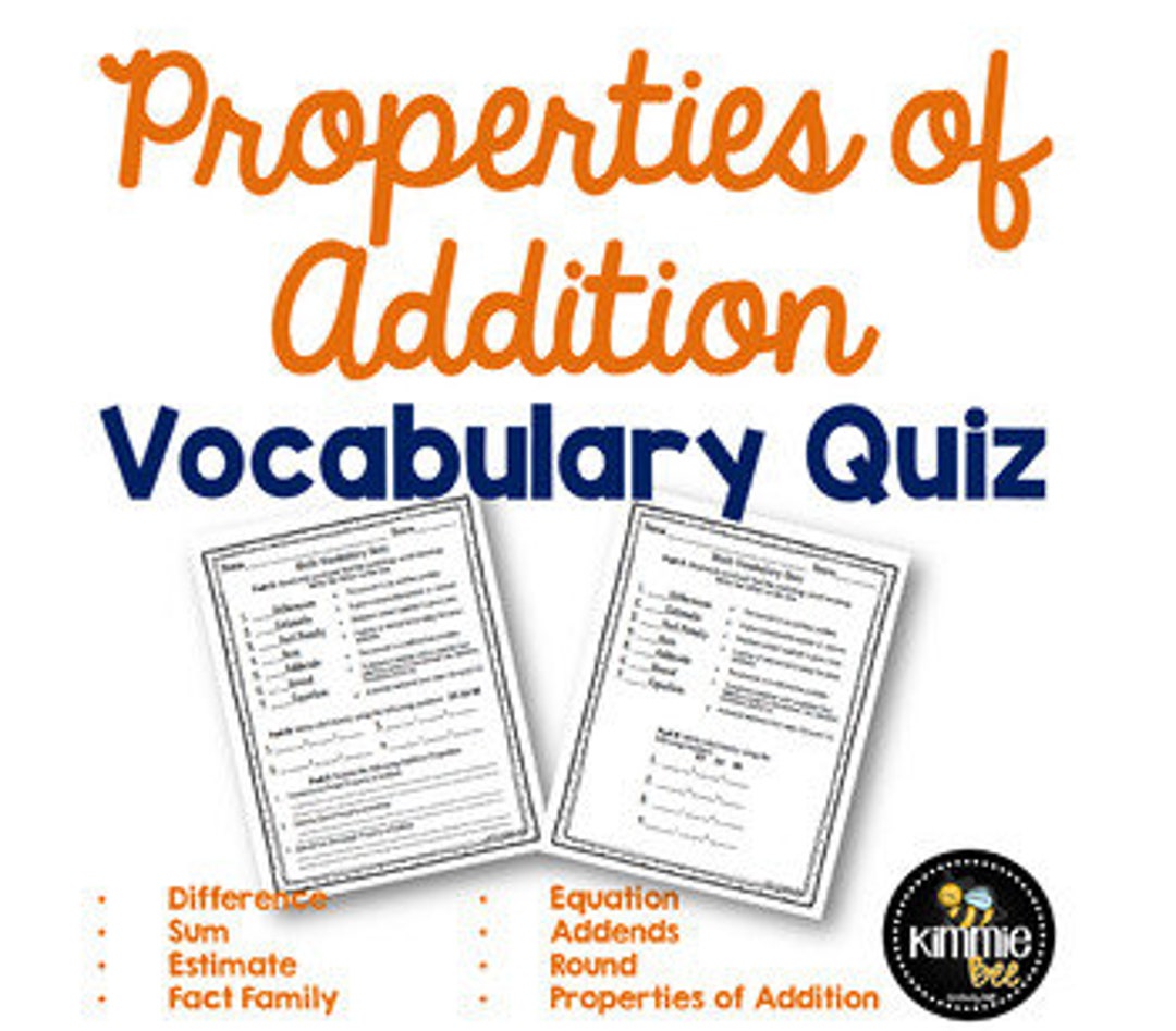 Properties of Addition Vocabulary Quiz - Etsy