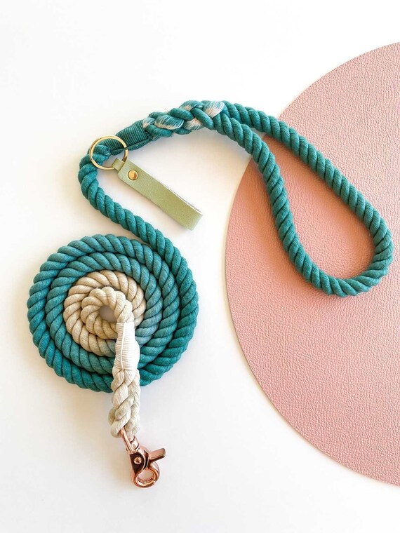 Turquoise Rope Dog Lead Leash Rose Gold Clip 152cm Long Braided Fibre Cotton Emerald Green White Cream Handmade Natural Dye Etsy UK
