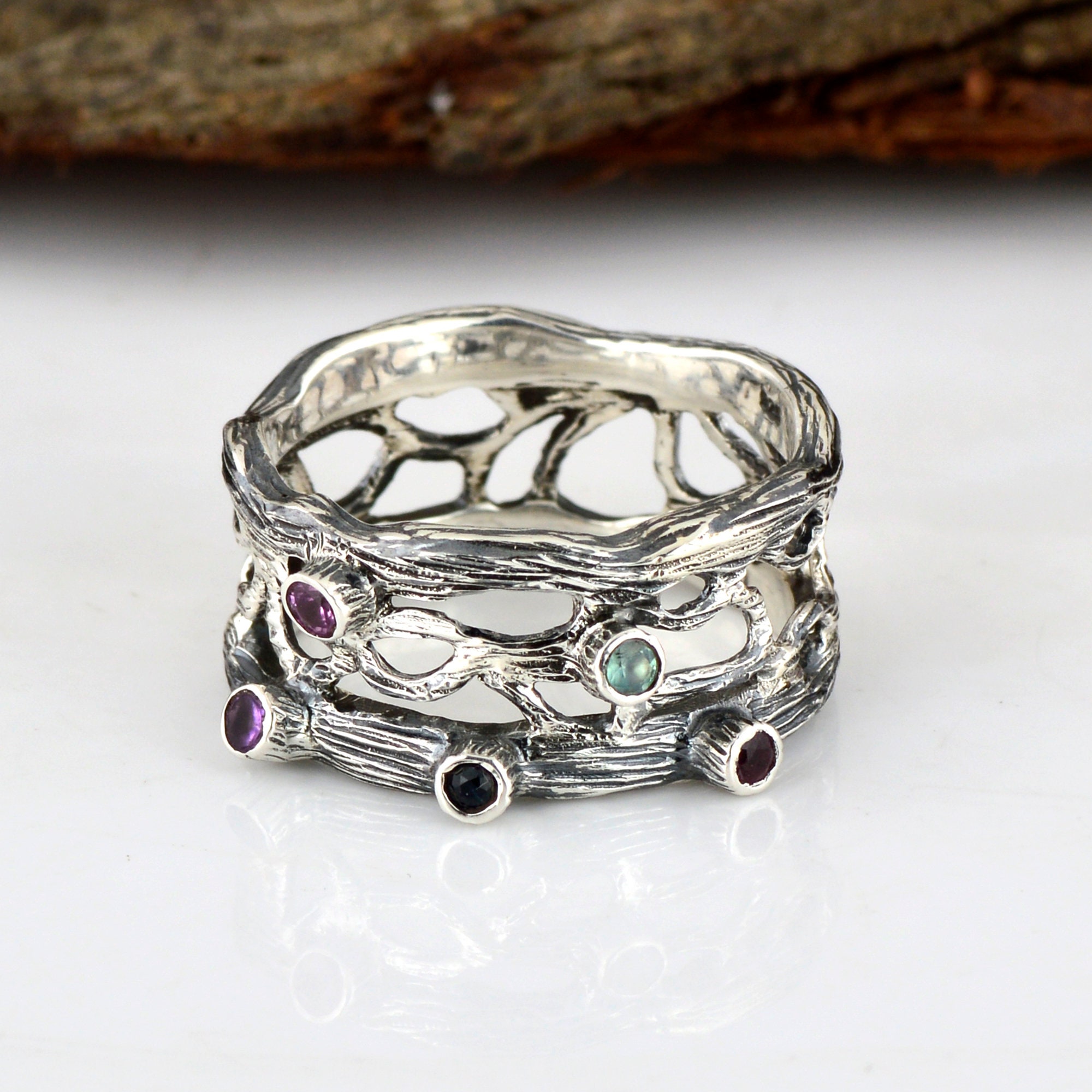 Natural Gemstone Ring Tree Branch Ring Wood textured | Etsy