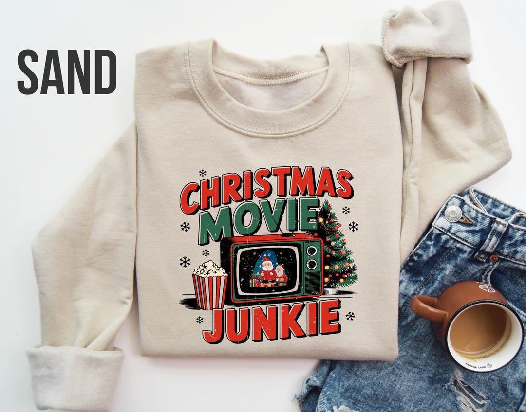 Christmas Movie Junkie Sweatshirt – Holiday Crewneck – Retro Santa TV ...