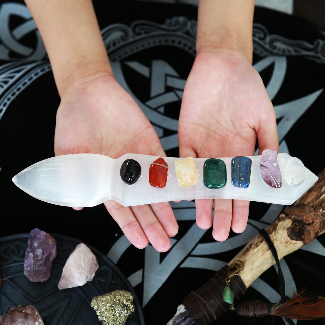 Selenite Chakra Sword with 7 Crystals Chakra Tumble Stones - Etsy ...