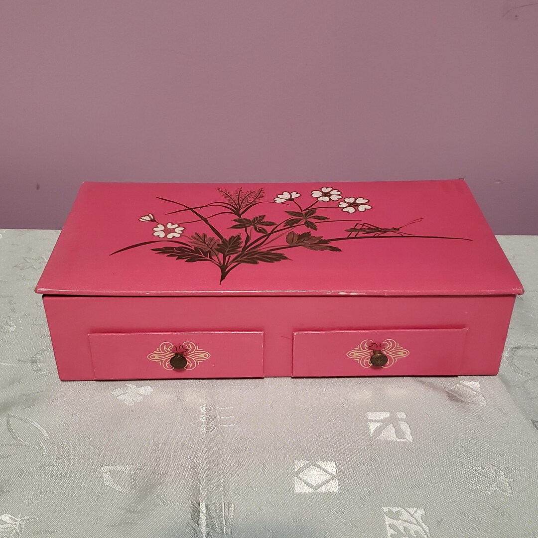 Vintage Pink Keepsake Box Cardboard Chest Floral Grasshopper - Etsy