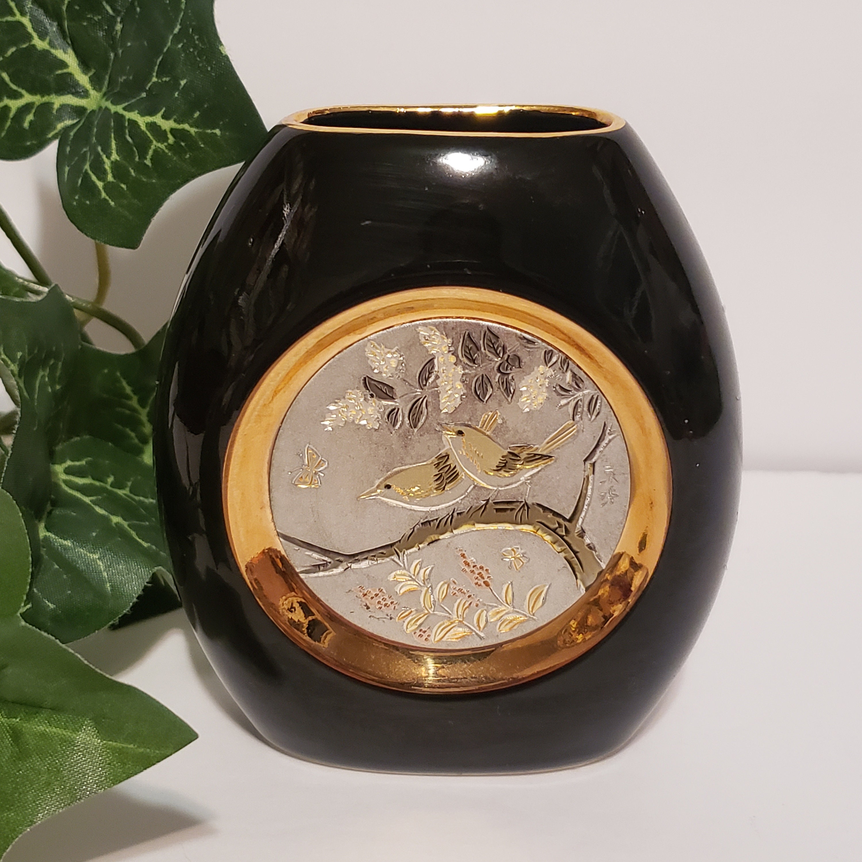 Vintage the Art of Chokin Birds 24k Gold Edged Japanese Floral Vase Black - Etsy