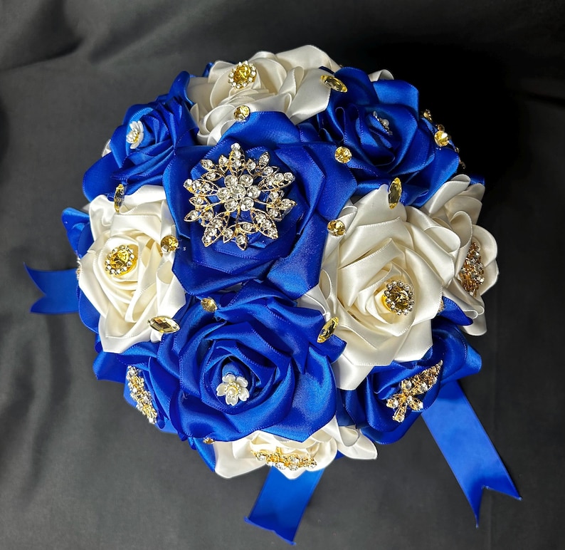 Royal Blue Bouquet Quince Ramo Sweet 16 Handmade Ribbon Roses Gold ...