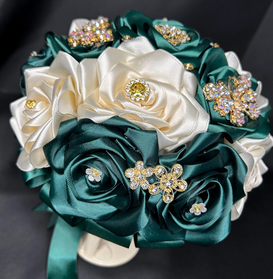 Emerald Green Ivory Bouquet Ramo Gold Pendants Rhinestones Butterfly ...