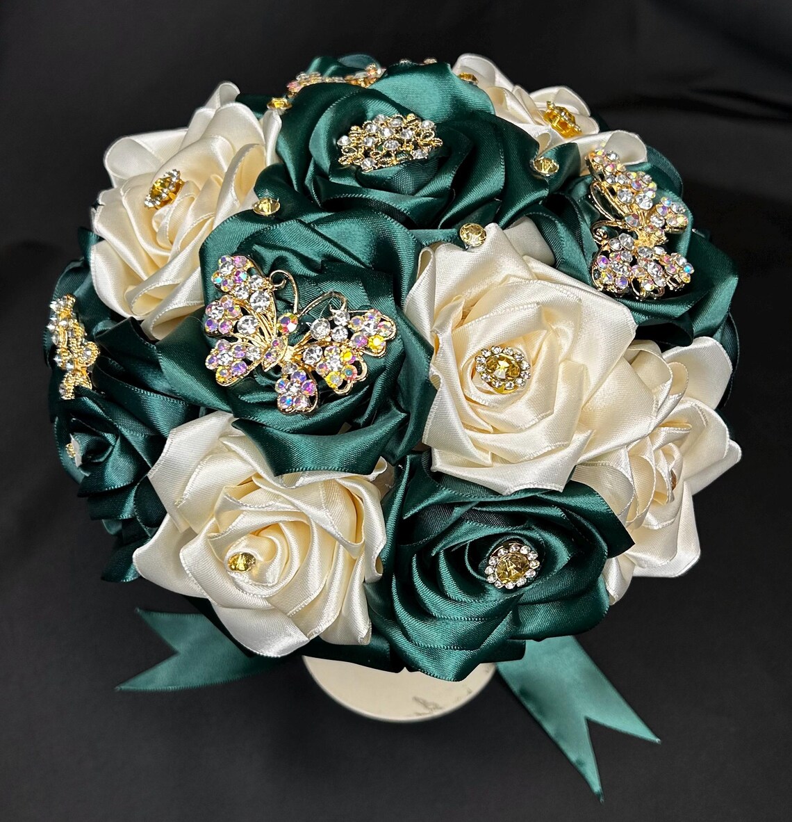 Emerald Green Ivory Bouquet Ramo Gold Pendants Rhinestones Butterfly ...