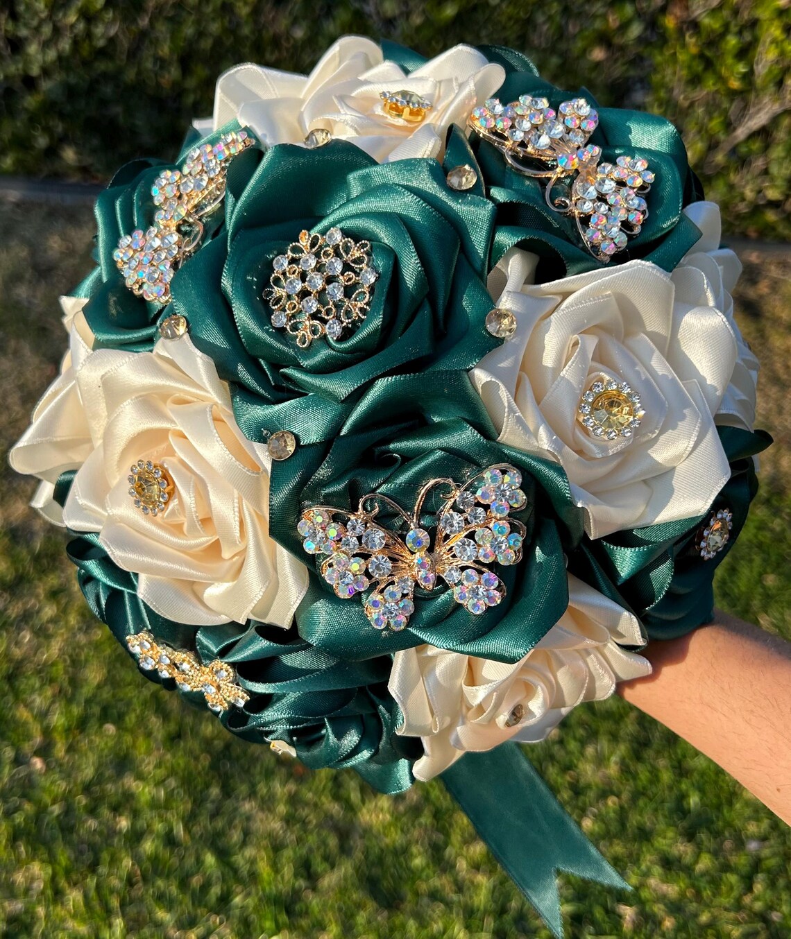 Emerald Green Ivory Bouquet Ramo Gold Pendants Rhinestones Butterfly ...