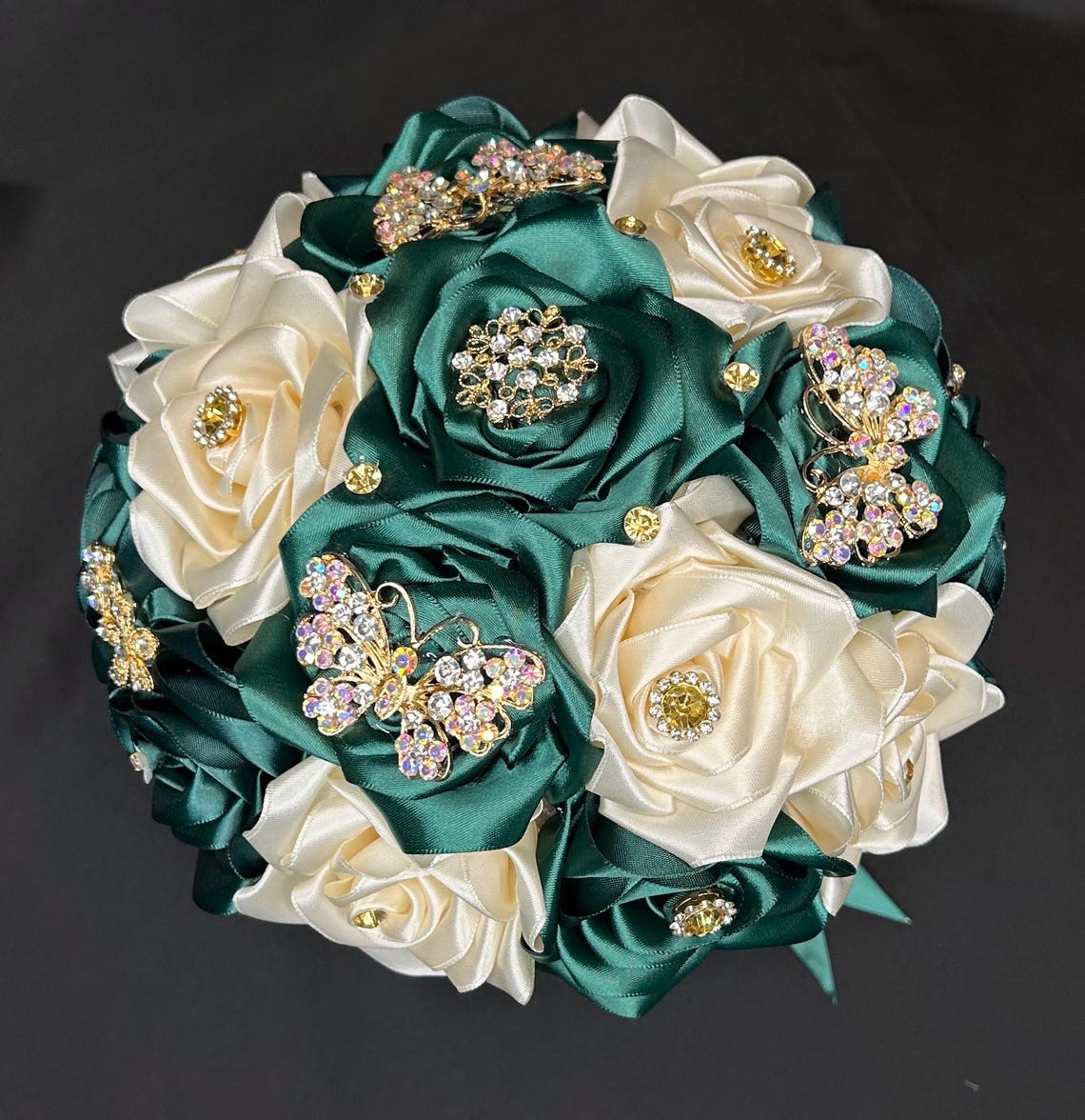 Emerald Green Ivory Bouquet Ramo Gold Pendants Rhinestones Butterfly ...