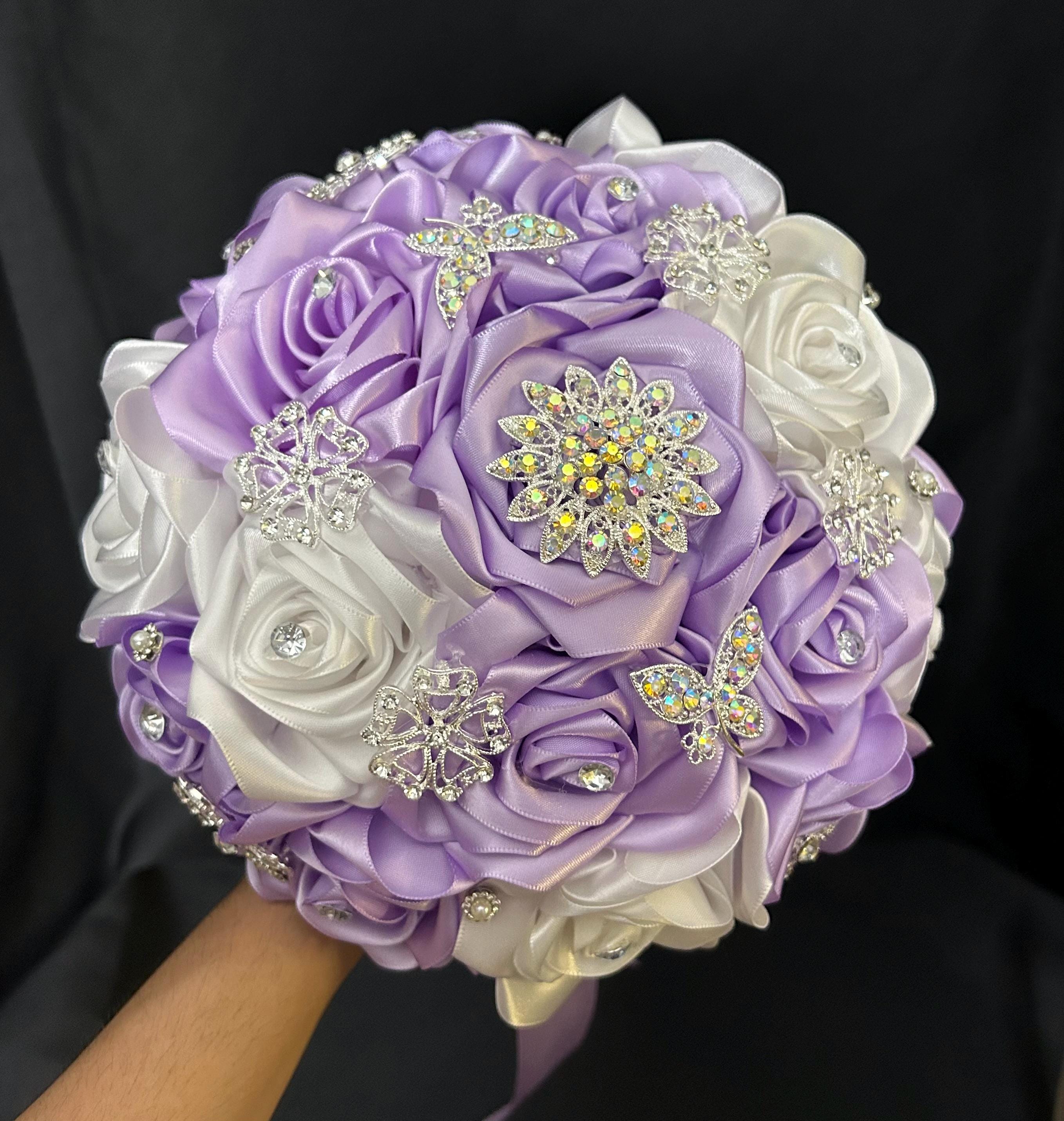 Lilac Bouquet Mis Quince Ramo Lilac and White Handmade Ribbon Roses ...