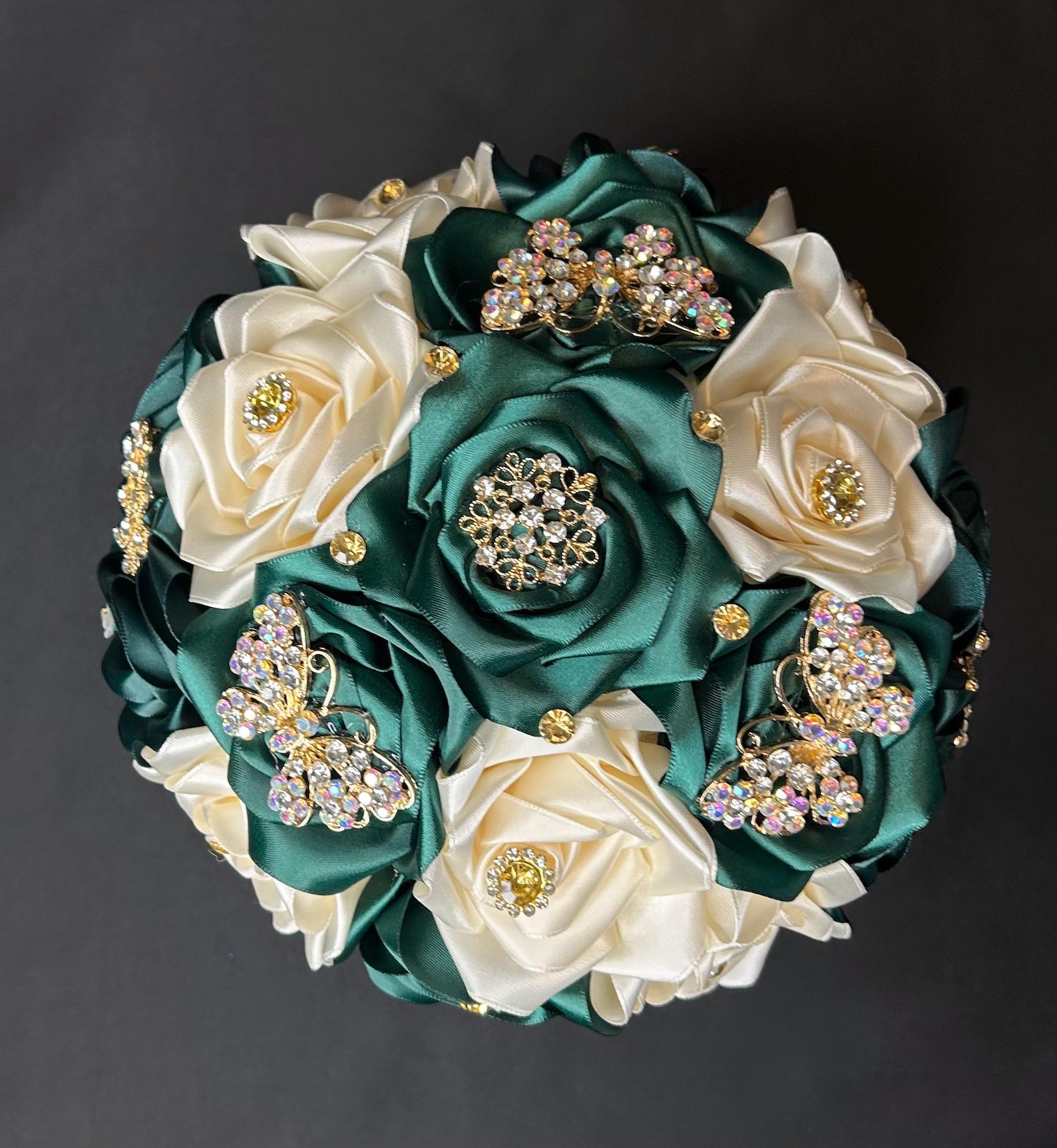 Emerald Green Ivory Bouquet Ramo Gold Pendants Rhinestones Butterfly ...