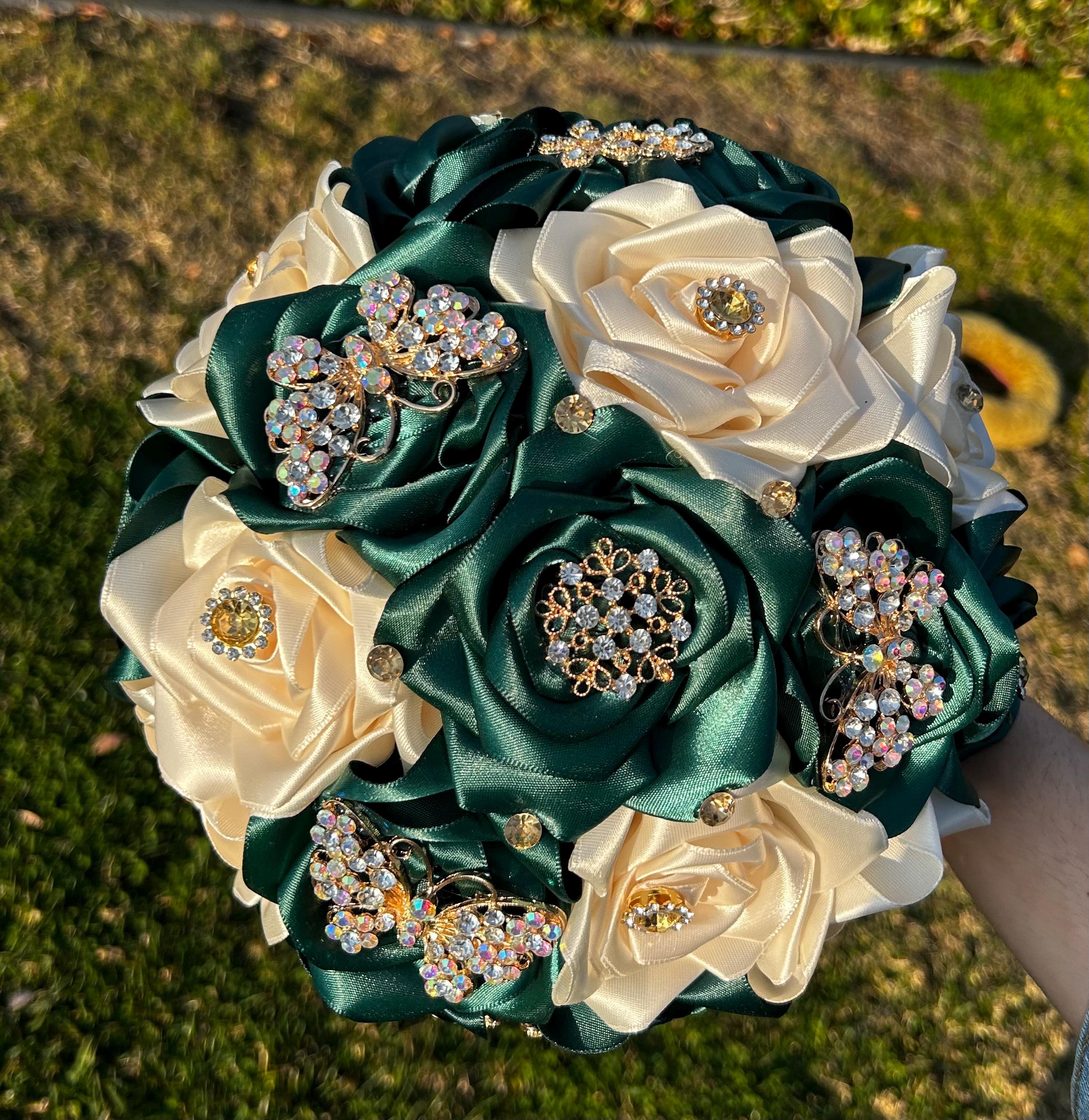 Emerald Green Ivory Bouquet Ramo Gold Pendants Rhinestones Butterfly ...