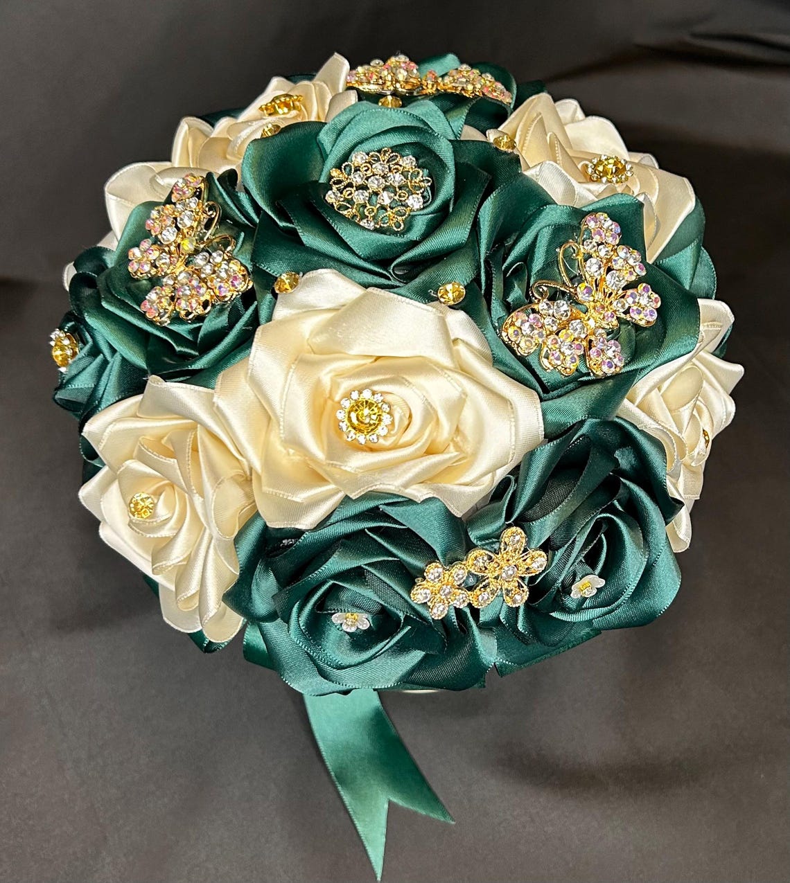 Emerald Green Ivory Bouquet Ramo Gold Pendants Rhinestones Butterfly ...