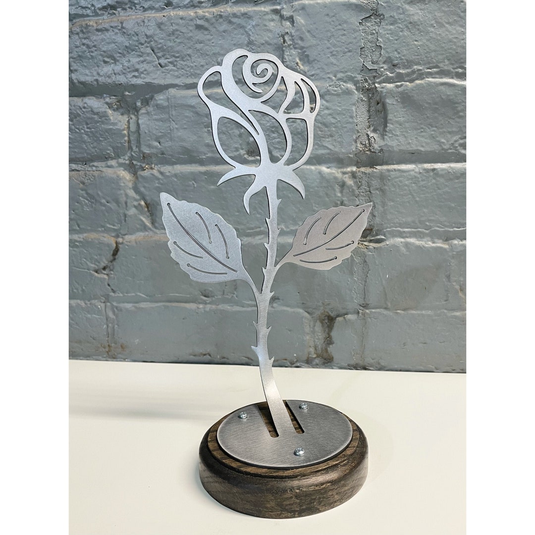 Everlasting Metal Rose With Oak Base, Modern Rustic Home Decor, Steel ...