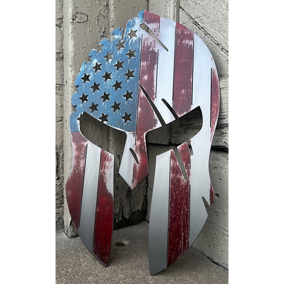 Distressed Spartan Helmet Flag Wall Art, Spartan Helmet, Man Cave Decor ...