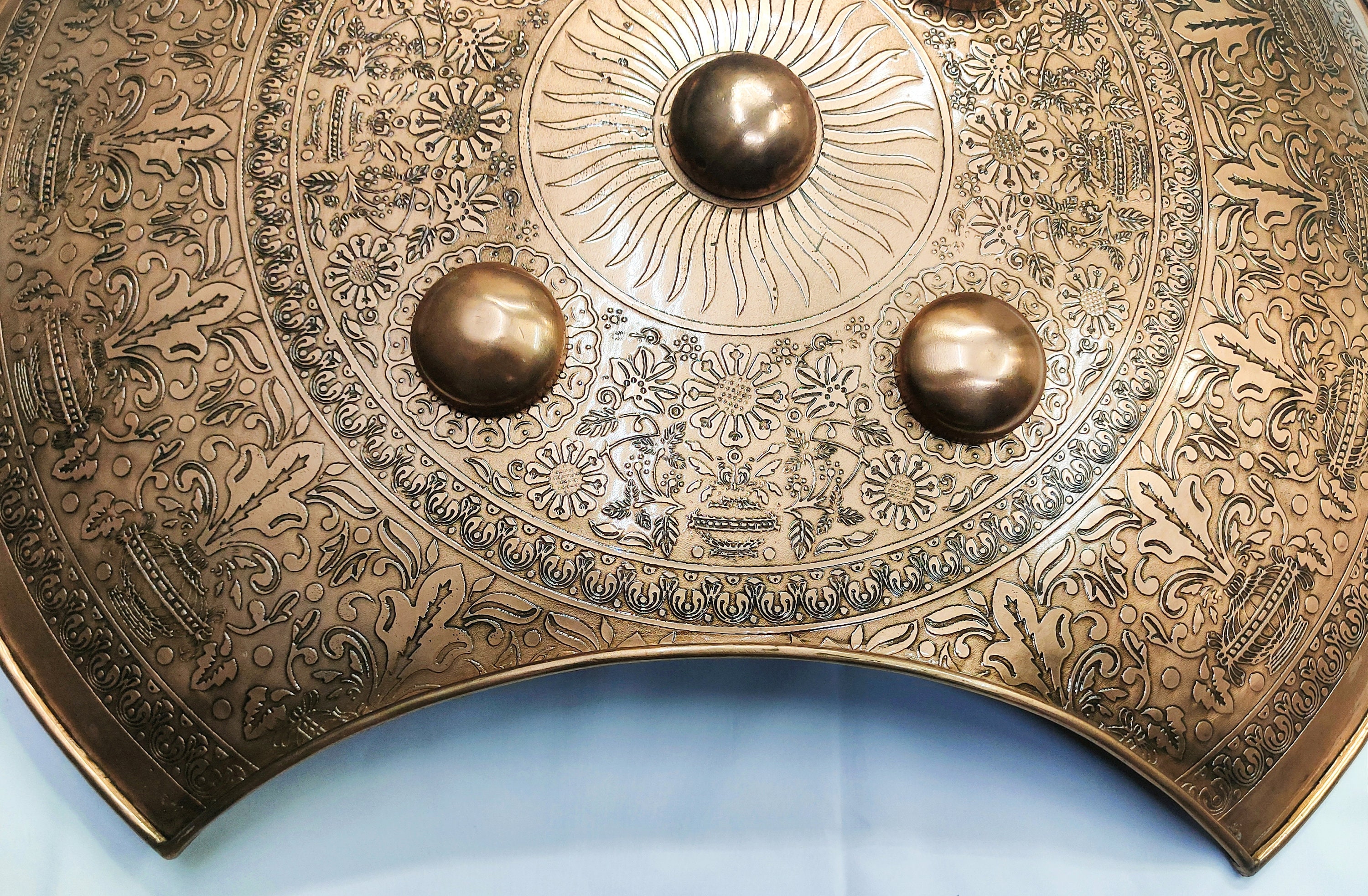 Rotating Shield Steel Hand Engraved Armor Battle Dhal Copper Polish ...