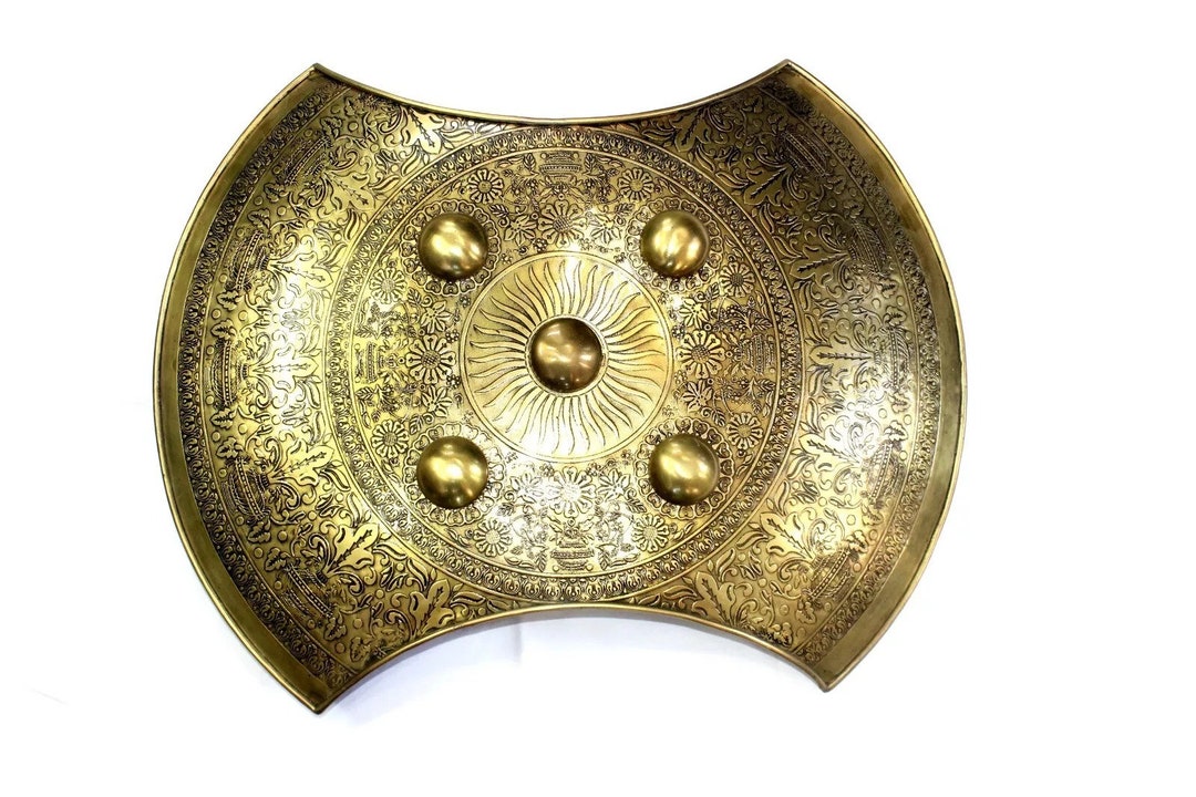 Rotating Shield Steel Hand Engraved Armor Battle Dhal Brass Polish ...