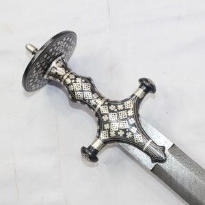 Straight Sword Religious Sikh Damascus Steel Blade Silver Wire Work ...