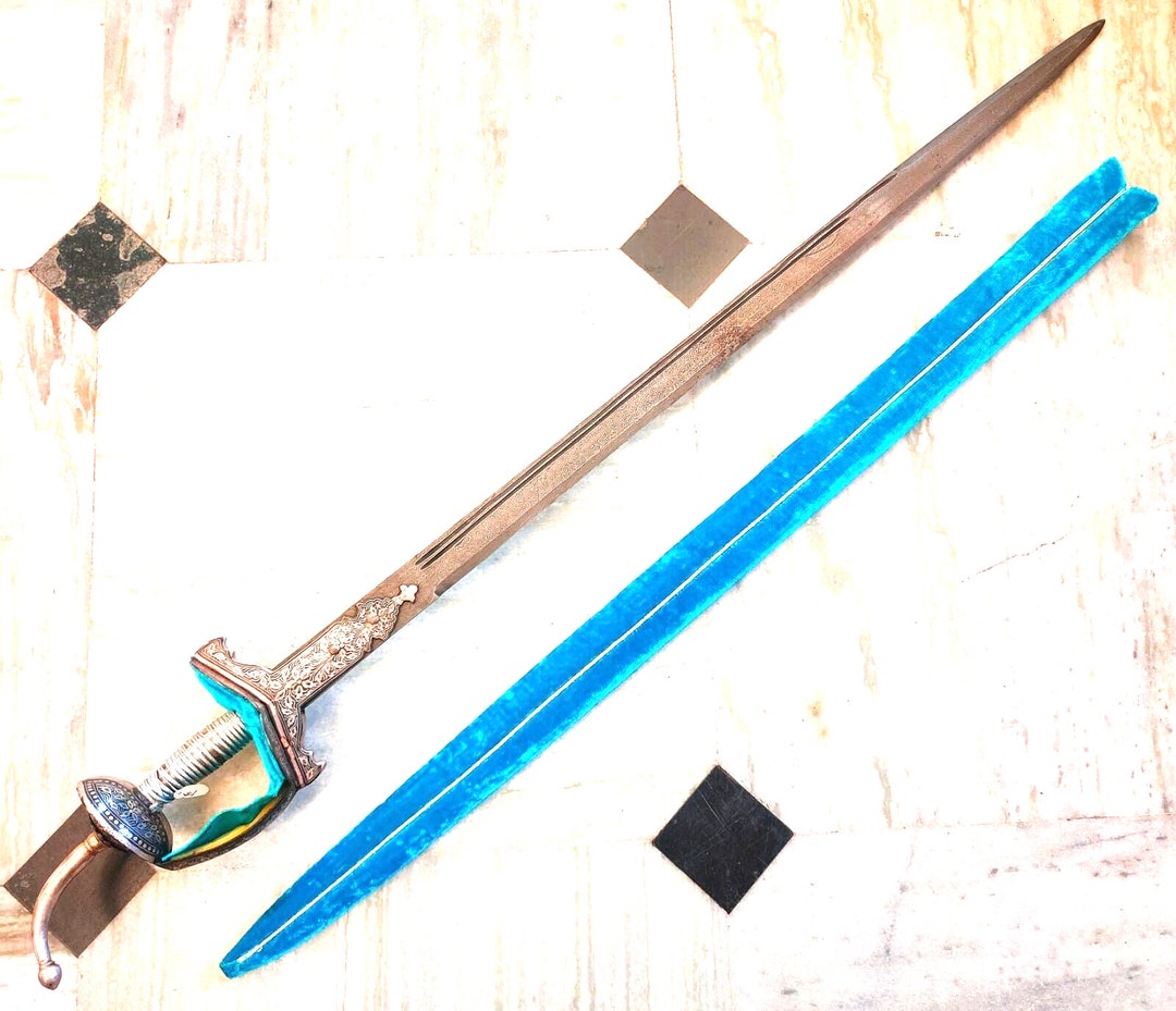 Khanda Sword Handle Steel Damascus Blade Blue Velvet Sheath 41.8 Inches ...